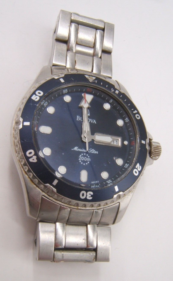 BULOVA MARINE STAR WATCH QUARTZ DAY DATE STAINLESS BLUE DIAL WORKING | eBay