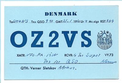 QSL Danish Radio OZ2VS Aarhus Denmark amateur ham 1950 Verner Sletskov ...
