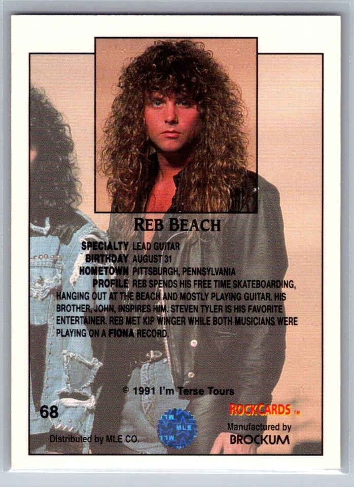 #68 Reb Beach 1991 Brockum Rock Card Winger Band | eBay