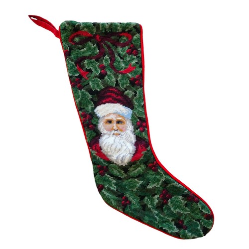 Santa Claus Needlepoint Christmas Stocking Handmade St Nick Green Red ...