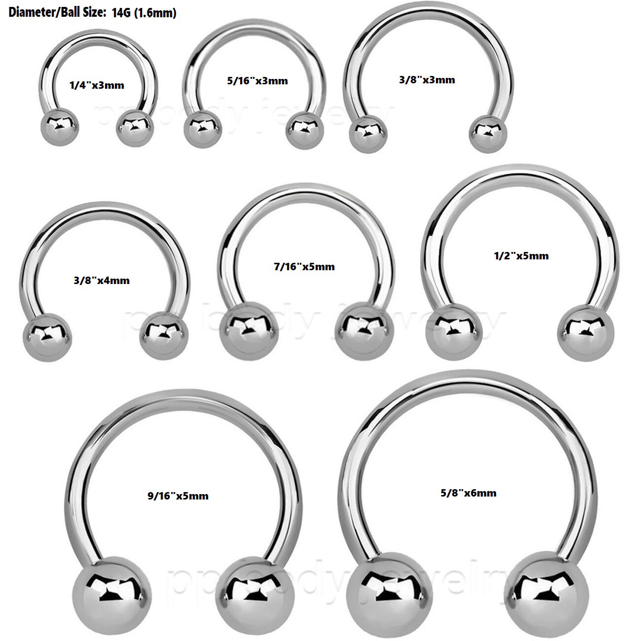 PAIR 14G Steel Ball Horseshoe Circular Barbell Ear Lip Septum Ring 1/4 ...