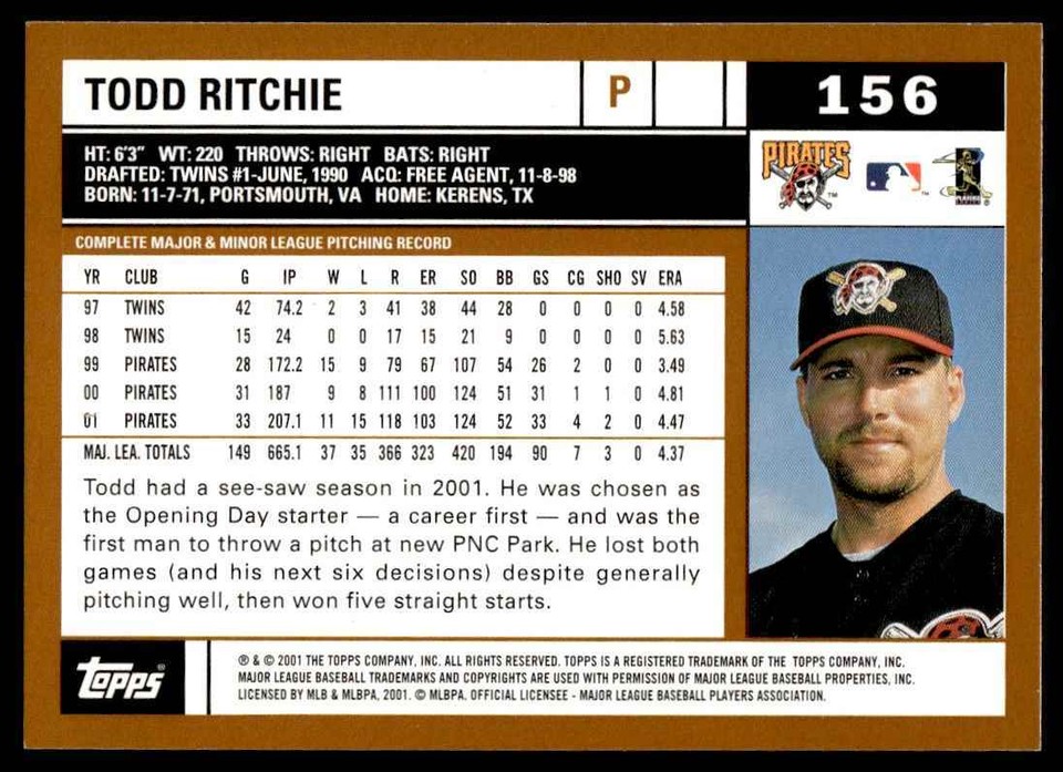 2002 Topps Todd Ritchie Pittsburgh Pirates #156 | eBay
