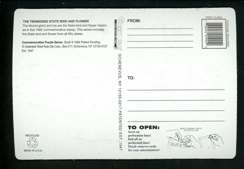 Novelty stamp PUZZLE postcard Scott #1994 Tennessee TN State Birds ...