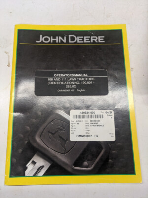 JOHN DEERE JD OPERATOR MANUAL OWNER 108 & 111 LAWN TRACTOR OMM85067 H2 ...