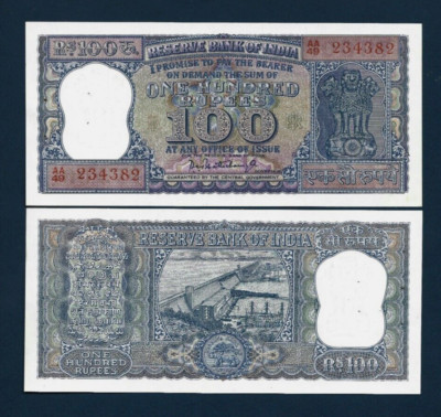 India 100 RUPEES P-62A ND 1962-1970 DAM UNC PCB Sign UNC Indian ...
