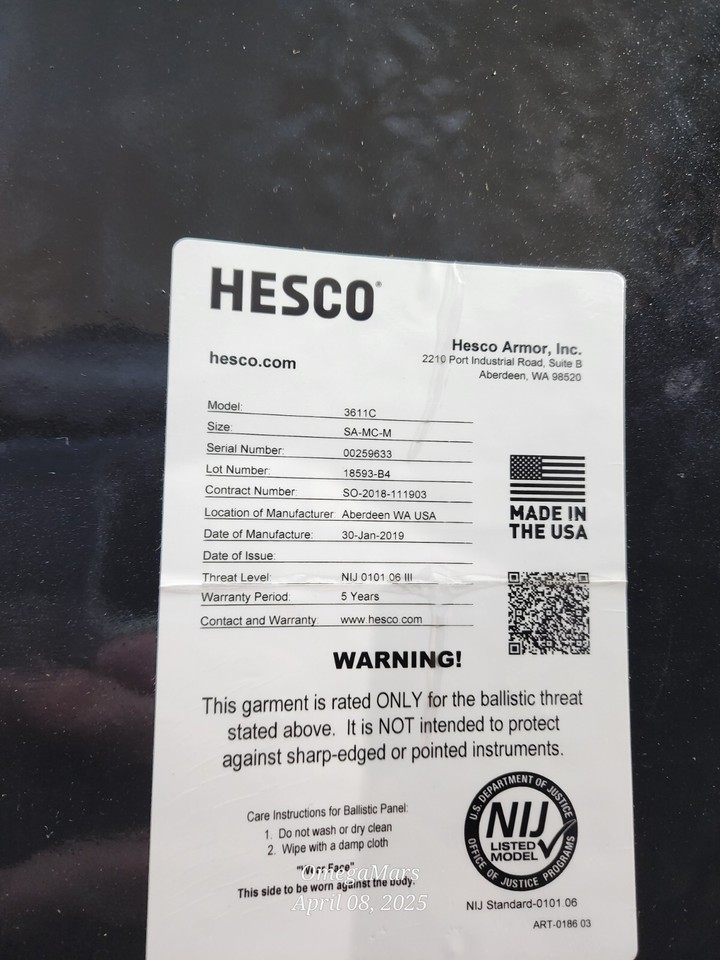 Hesco 3611C Body Armor Level III+ x2, Polyurea, Rifle Rated, SAPI Multi ...