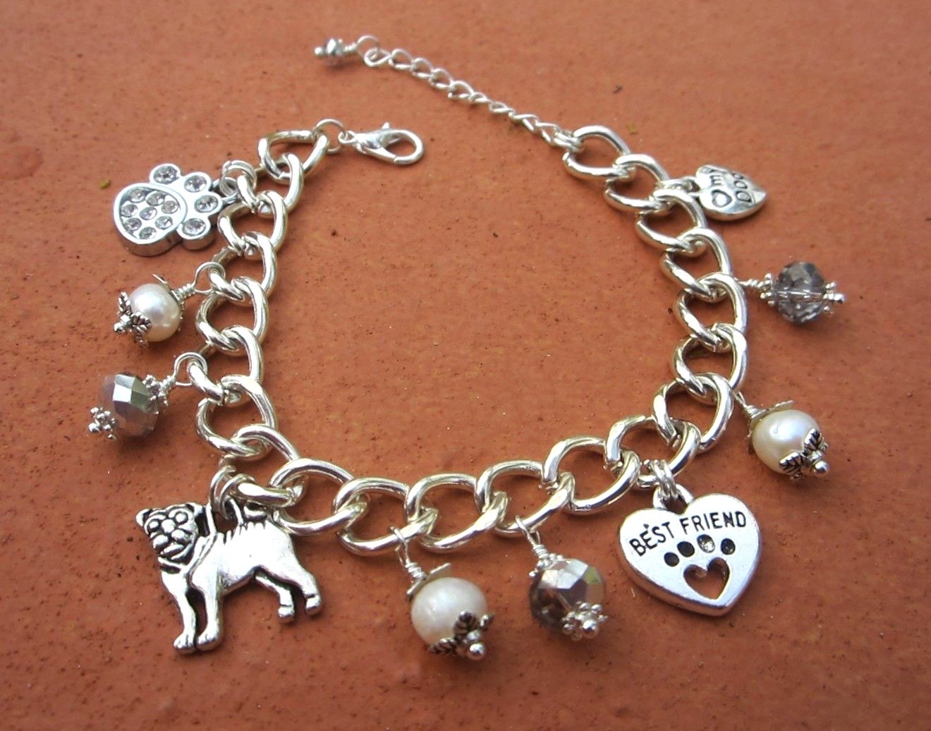 Pug Dog Charm Bracelet with Freshwater Pearls & Silver Crystals | eBay