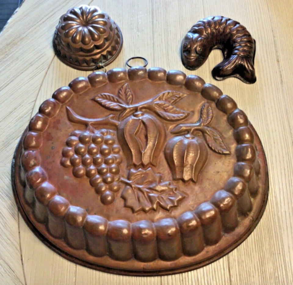 3 Vintage Copper Cake Aspic Pudding Mold Mould Tin Lined, FISH ...