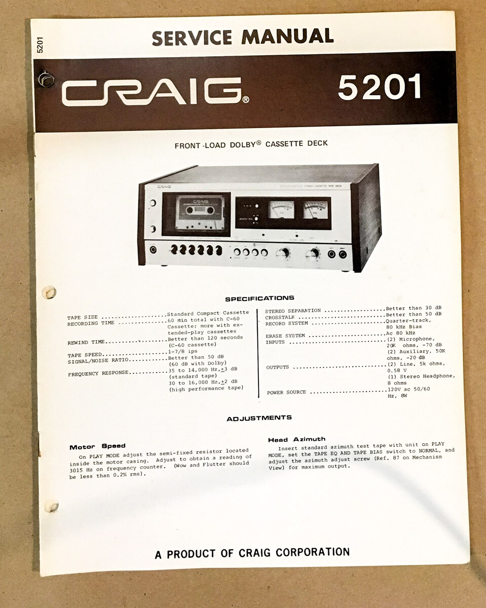 Craig Model 5201 Cassette Service Manual *Original* | eBay