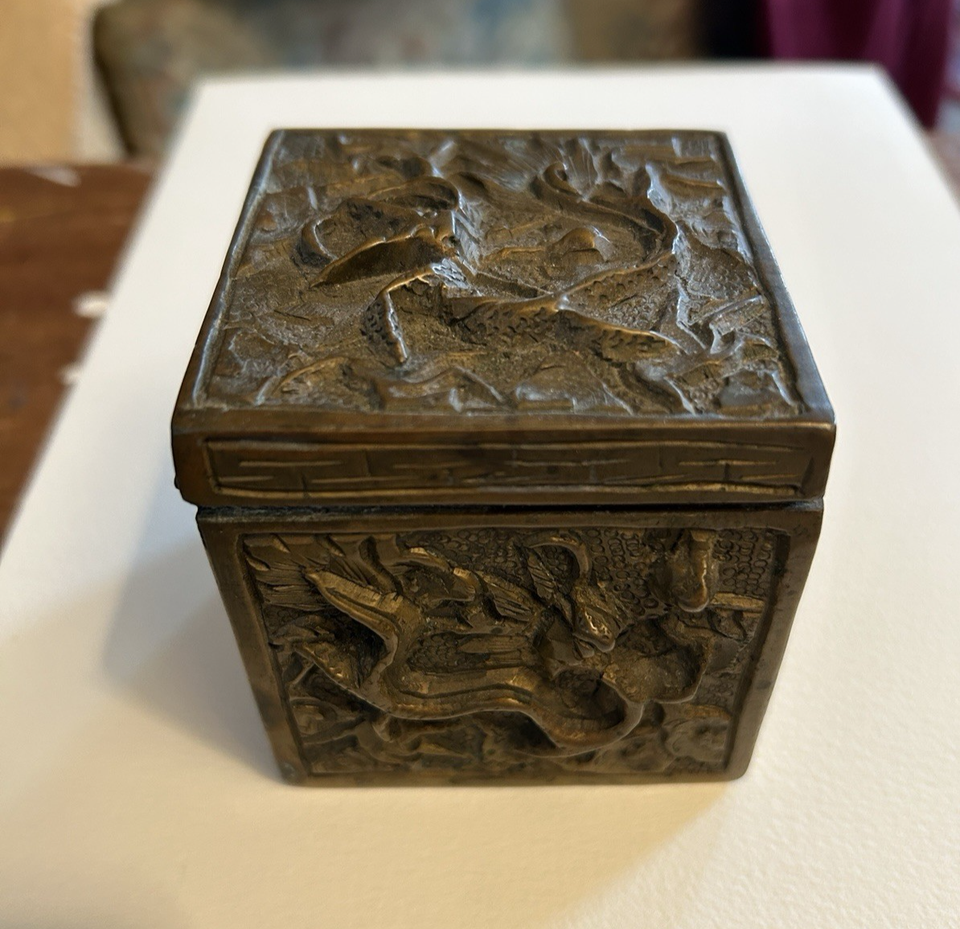 Antique Chinese Slayed Dragons Bronze Box Inkwell Brush Pot With Lid | eBay