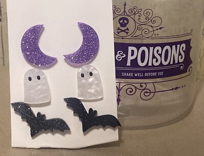 Glitter Ghost |Moon| Bat 3 Pair Set Earrings Halloween Stud Post ...