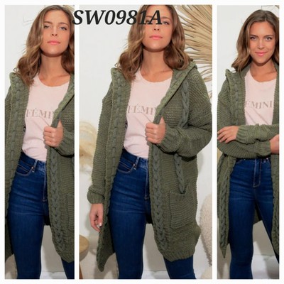 ISABELLA THE LABEL LONG BOHO HOODED KNIT CARDIGAN SW0981 KHAKI GREEN | eBay