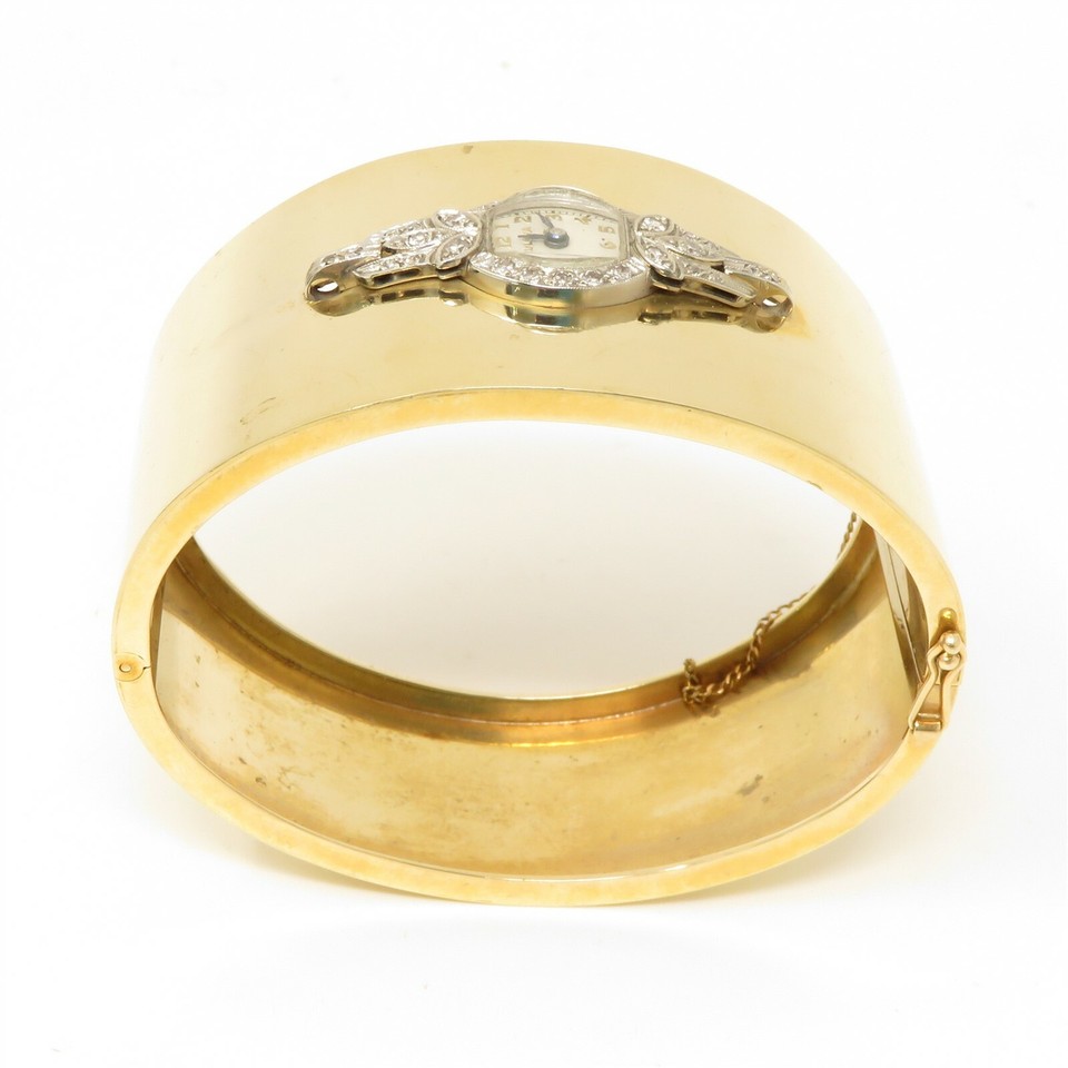 NYJEWEL Bulova 14k Gold 0.6ct Diamond Large Watch Bangle Bracelet Inner ...
