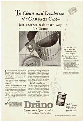 1929 Drano Drain Cleaner Vintage Print Ad Clean And Deodorize Garbage ...