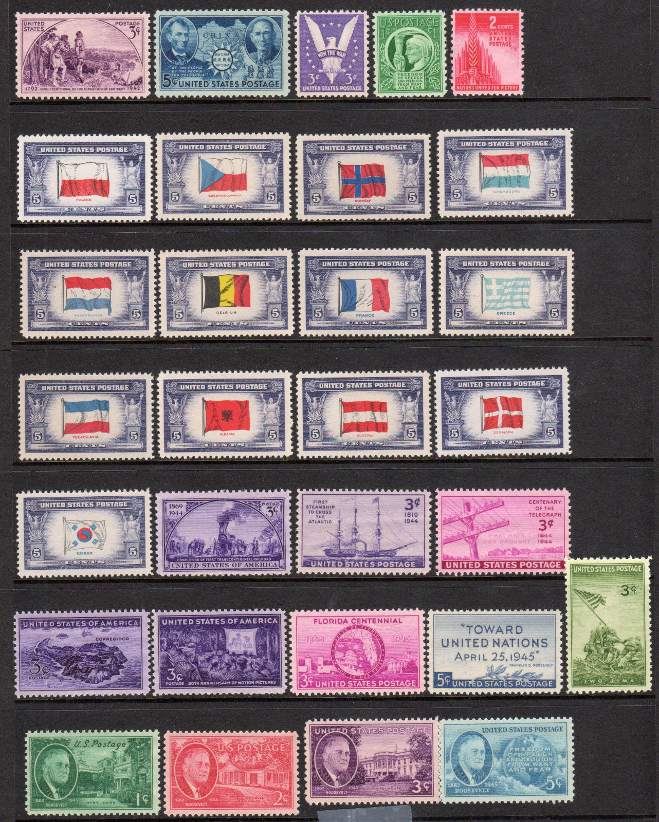 1942-1945 US WWII Postage Stamps, Complete Set 35 Dif, MNH 906 China ...