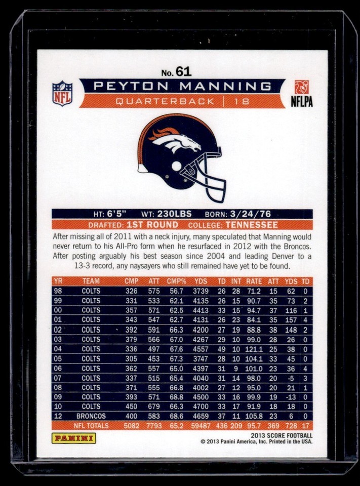 2013 Score Peyton Manning Denver Broncos #61 | eBay