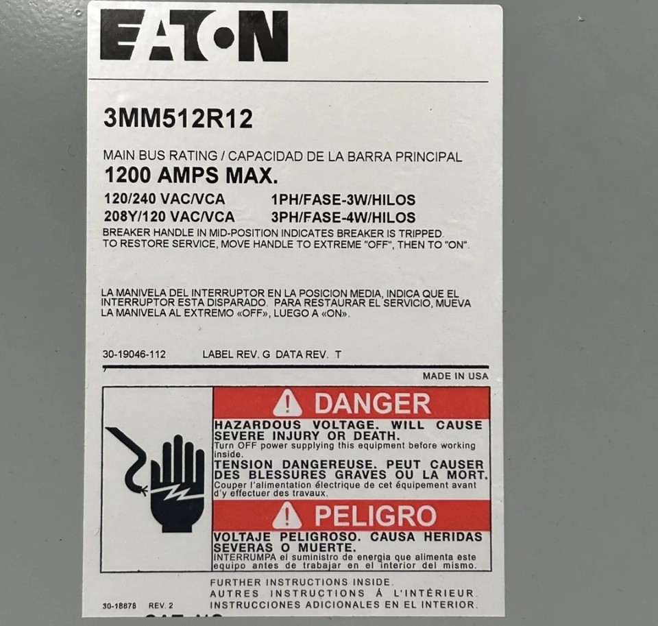 Eaton 3MM512R12 Meter Stack 5-Gang 1200 Amp / 125A Ring Type 5-Jaw 3ph ...