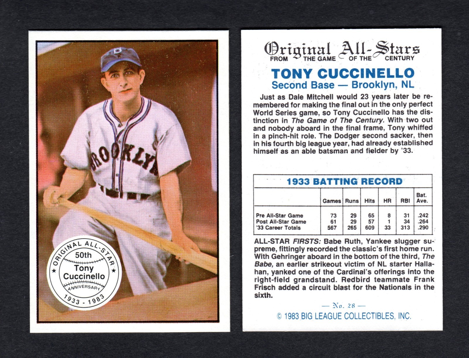 1933 Original All-Star #28 TONY CUCCINELLO, Dodgers 1983 Big League ...
