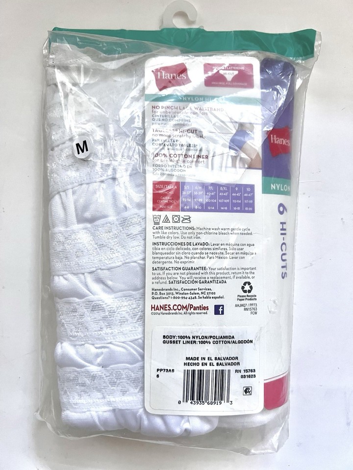 HANES NYLON TAGLESS HI CUT LACE WAIST COTTON LINER 6 PACK WOMEN'S SIZE ...
