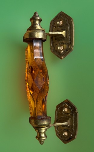 Vintage Brass & Amber Cut Glass Cabinet Furniture Handles or Drawer ...
