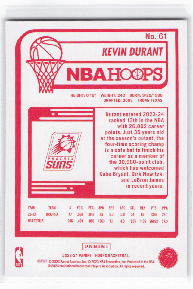 2023 NBA Hoops Kevin Durant Red Back Suns #61 | eBay