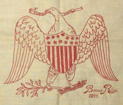 Antique Folk Art Red Embroidery American Eagle with Shield 1897 Bessie ...