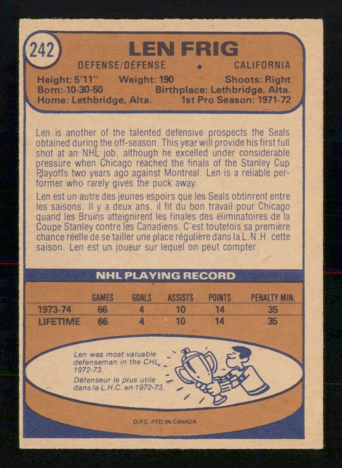 LEN FRIG RC 1974-75 O-PEE-CHEE 74-75 NO 242 EXMINT+ 5312 | eBay