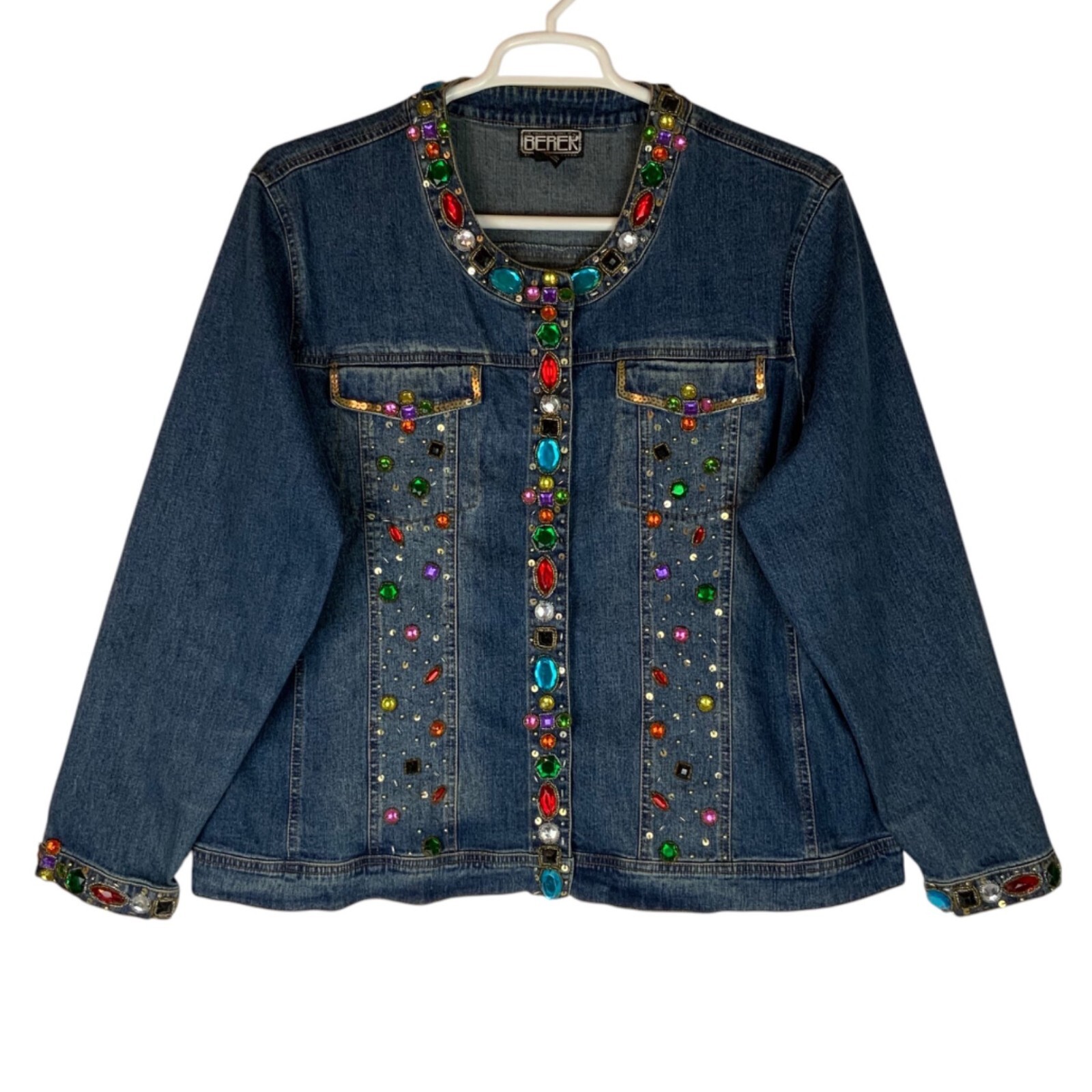 Berek Womens Bedazzled Denim Jacket 1XL Colorful Rhin… - Gem