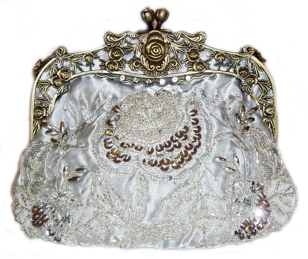 New Vintage Bronze Beaded Rose Flower Pattern Evening Handbag Purse ...