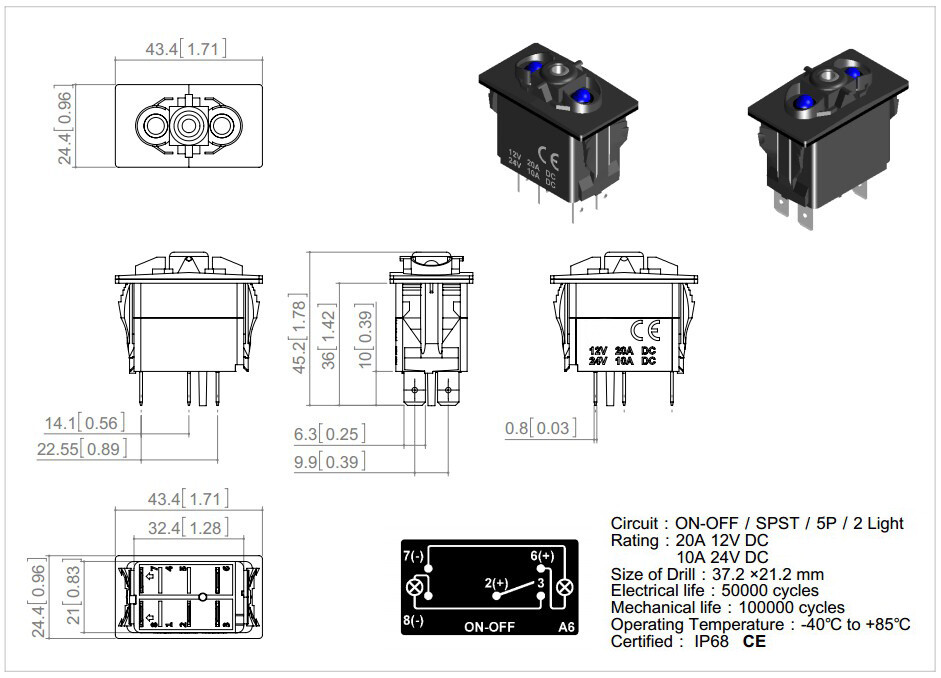 12V Rocker Switch PTO Blue Led Light 5 pins On-Off SPST for Car Boat | eBay