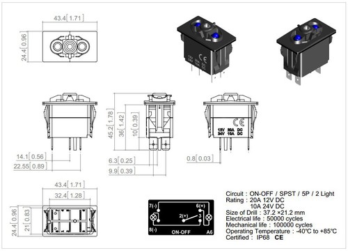 12V Rocker Switch PTO Blue Led Light 5 pins On-Off SPST for Car Boat | eBay