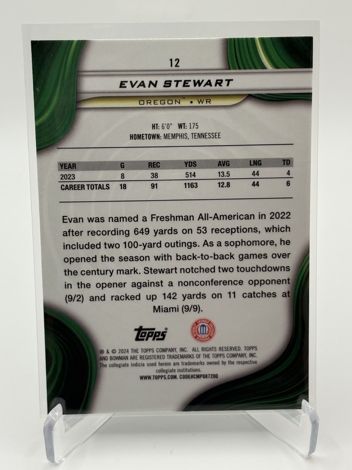 Evan Stewart 2024 Bowman University Best Aqua Refractor #/225 #12 | eBay