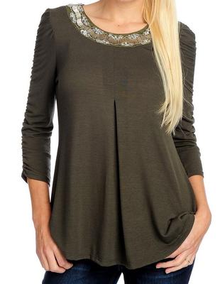 NEW Glitterscape® Stretch Knit Ruched Sleeve Pleated Front Embellished ...