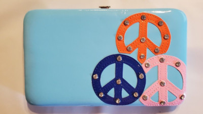 I Squared Push Lock Long Rectangle Wallet Blue Peace Signs Rhinestones ...