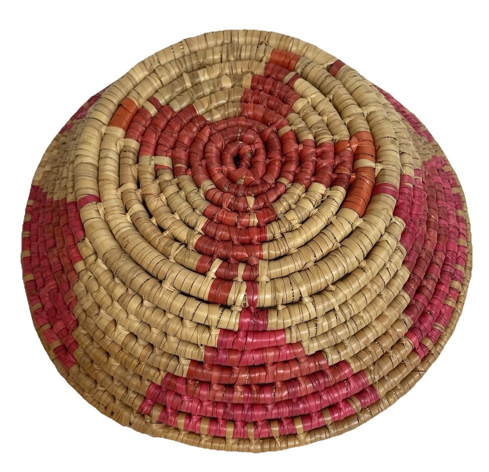 Hand Woven Bamboo Coil Basket Red Tan Star Bowl Weave 10” Southwestern ...