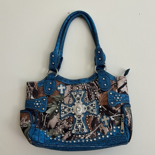 YESIR Vera Handbag Purse Rhinestone Studded Camo Blue Shoulder Bag ...