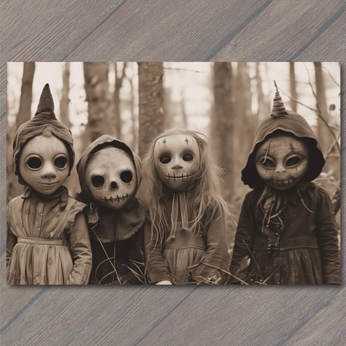 POSTCARD Weird Scary Children Halloween Cult Unusual Masks Woods ...