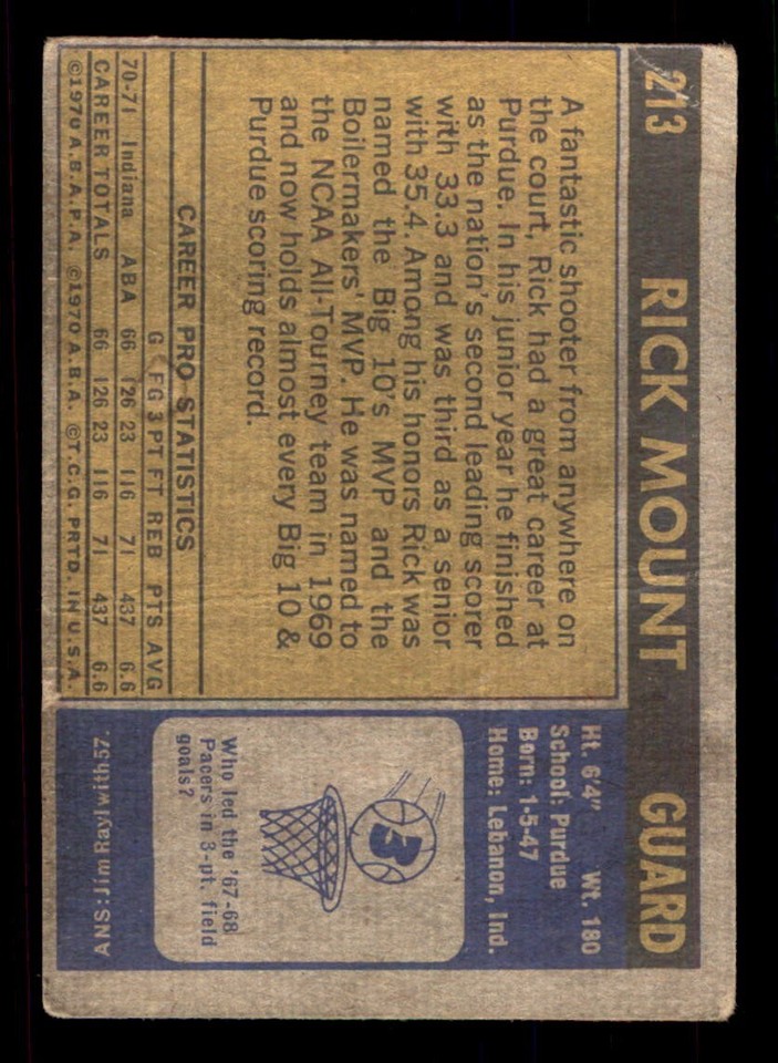 1971 Topps Basketball #213 Rick Mount PR *e1 | eBay