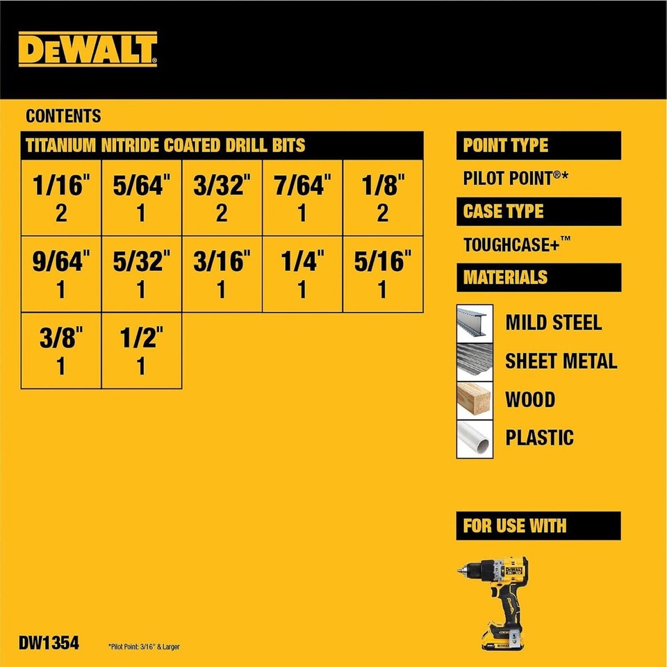 DEWALT Titanium Nitride Drill Bit Set 14 Pc DW1354 – Durable Pilot ...