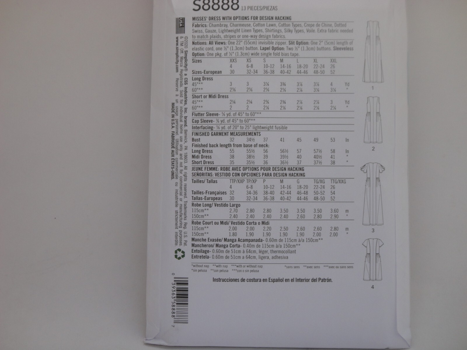 Simplicity 8888 Boho Dress w/ Pockets Length Sleeve Var Pattern XXS ...