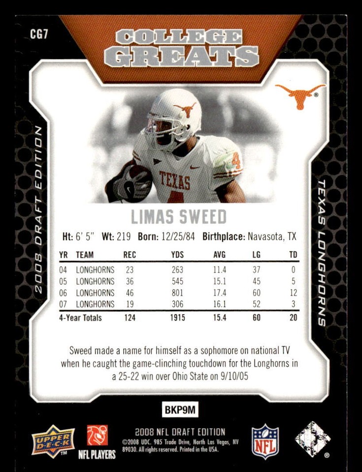 Limas Sweed 2008 Upper Deck Draft Edition College Greats Card #CG7 ...