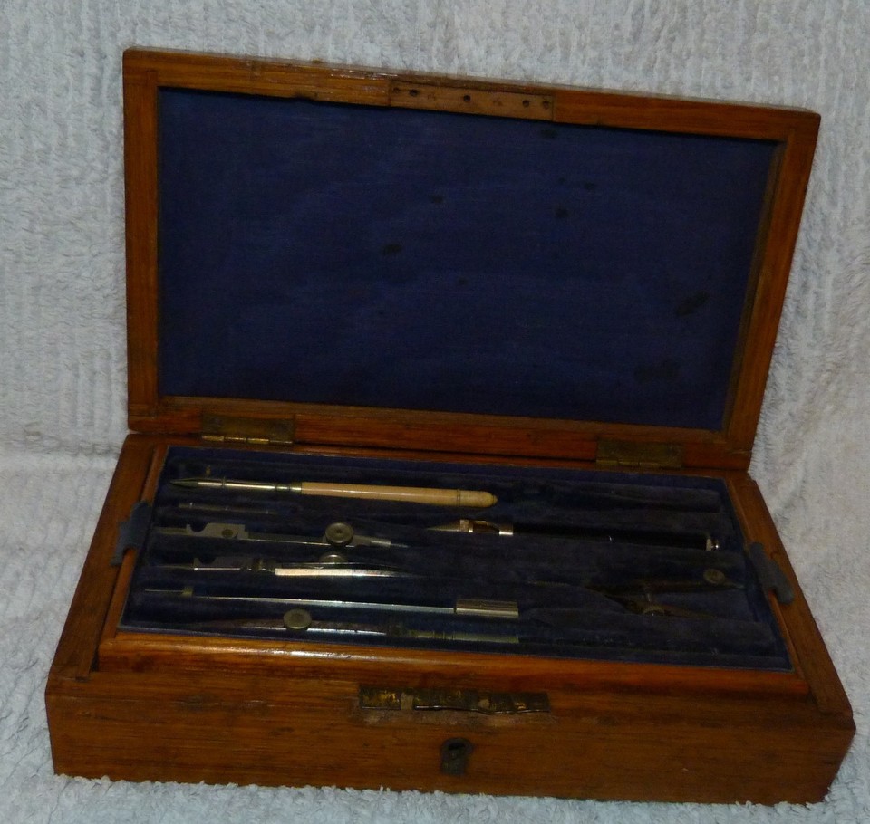Vintage Draughtsmans Drawing/Compass Set in Wooden Box not a full set ...