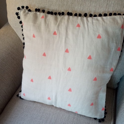 Cream Linen Cushion Cover Small Orange Triangles Pattern Black Bobble ...