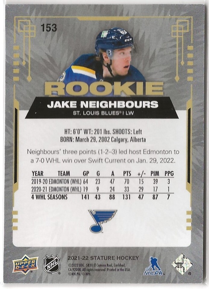 2021 2021-22 Upper Deck Stature Photo Variant Rookie #153 Jake ...