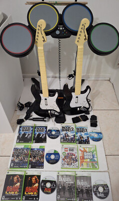 Xbox 360 Rock Band 1, 2, 3, Mic, Drum Set, 2 Guitars, 7 Games Bundle ...