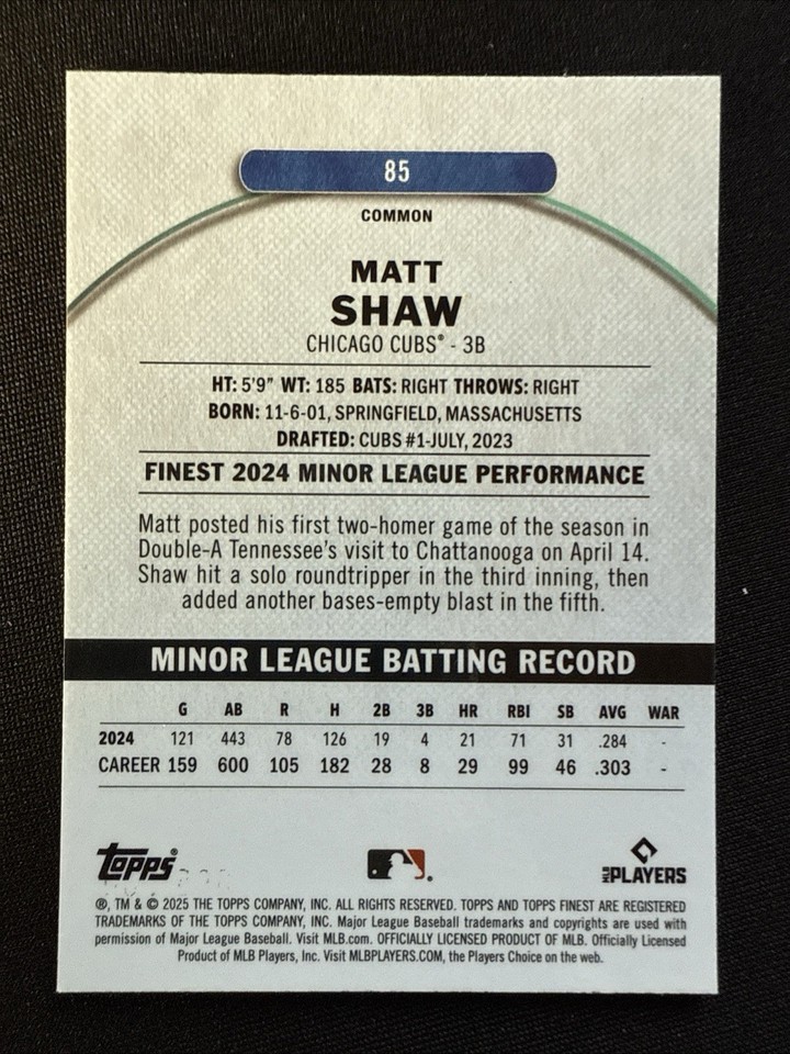Matt Shaw Rookie Card RC 2025 Topps Finest Blue Refractor /200 #85 | eBay