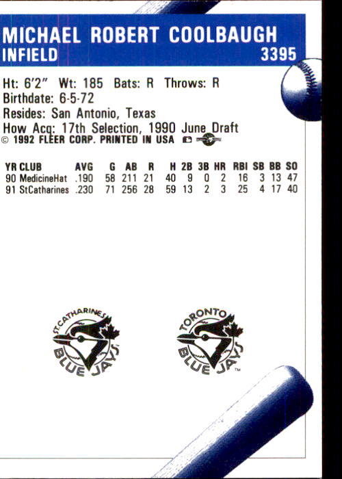 1992 St. Catharines Blue Jays Fleer/ProCards #3395 Mike Coolbaugh San ...