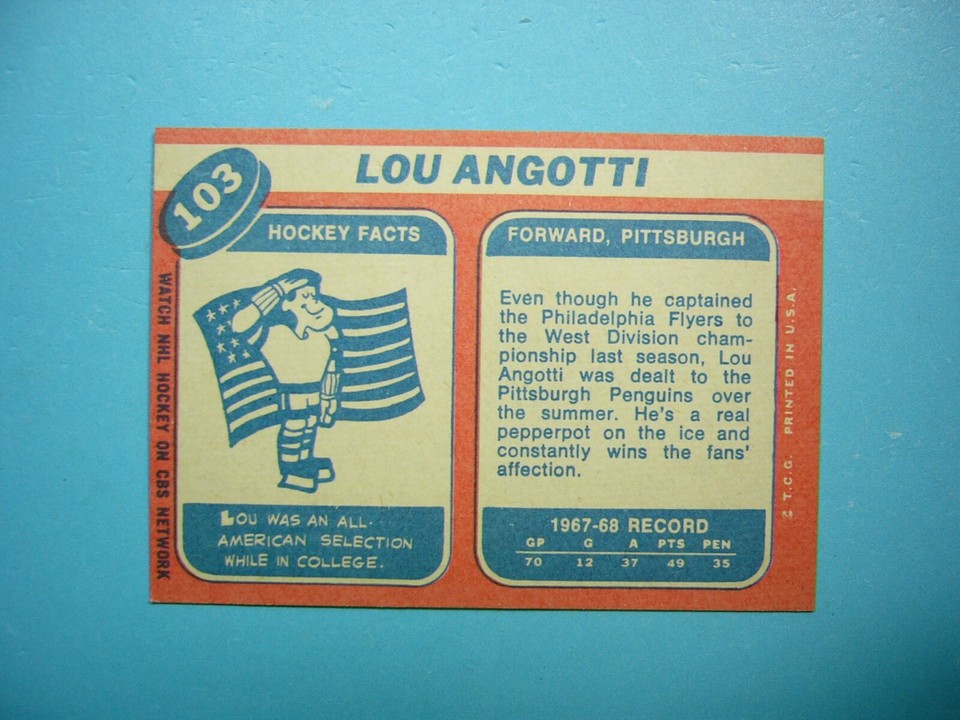 1968/69 TOPPS NHL HOCKEY CARD #103 LOU ANGOTTI NM SHARP!! 68/69 TOPPS ...