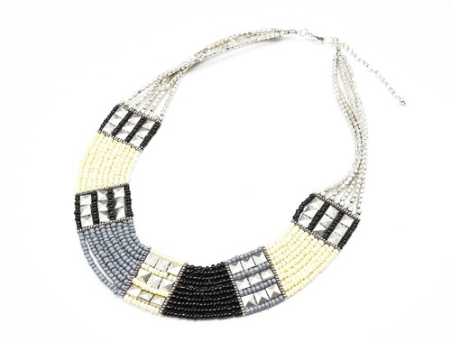 CC813 - Collier Multi-Rangs Perles de Rocaille et Clous Métal Argenté ...