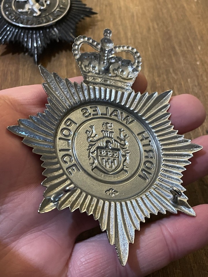 OBSOLETE NORTH WALES POLICE HELMET PLATE BADGES..GWYNEDD..DENBIGHSHIRE ...